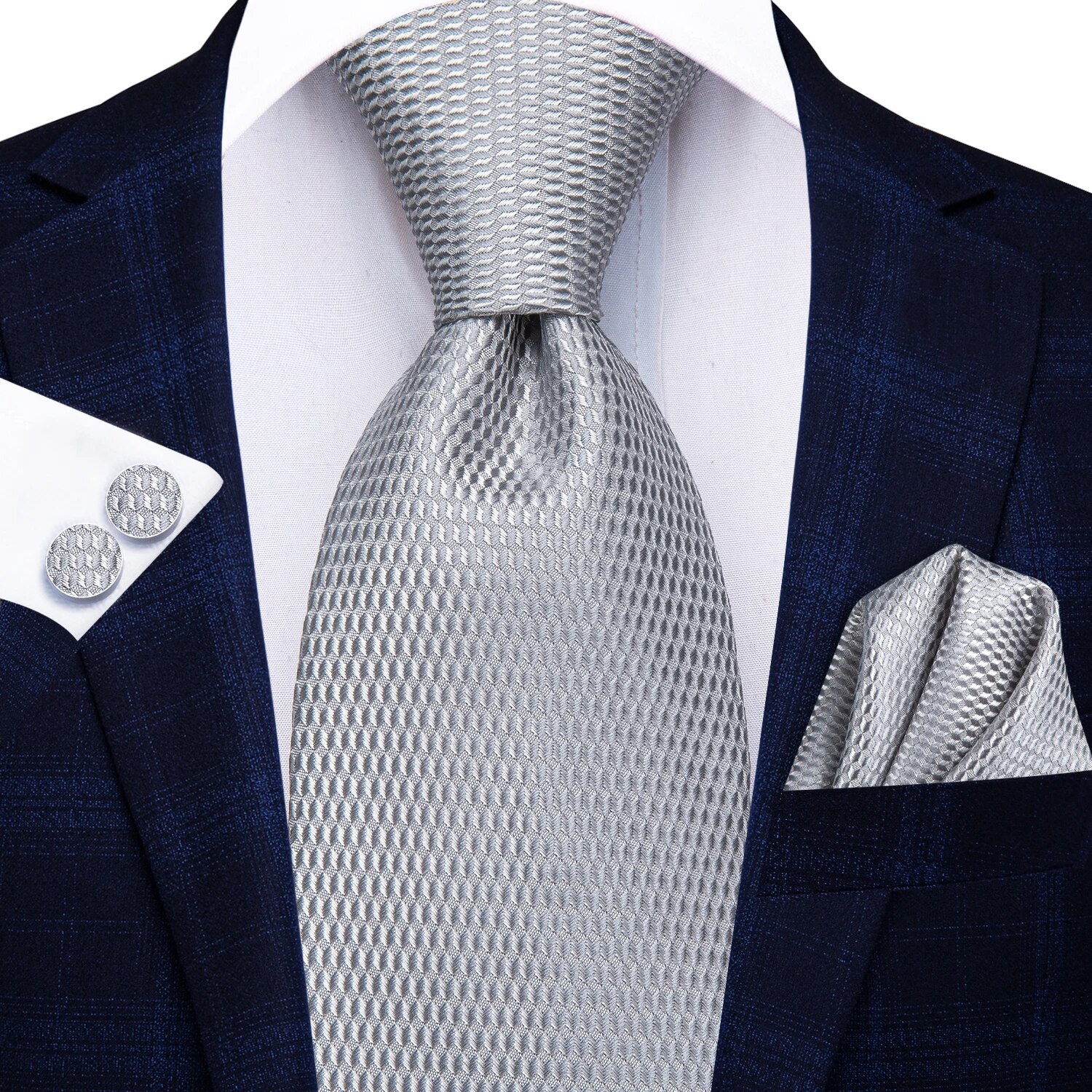 Hi-Tie Silver Fashion Men's Silk Elegant Tie Set Jacquard Woven Gray ...