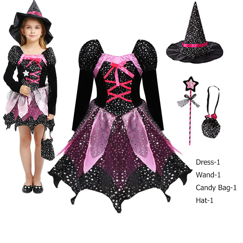 4 Pieces Witch Clothing Set Dress+Hat+Wand+Bag Girls Halloween Wizard ...