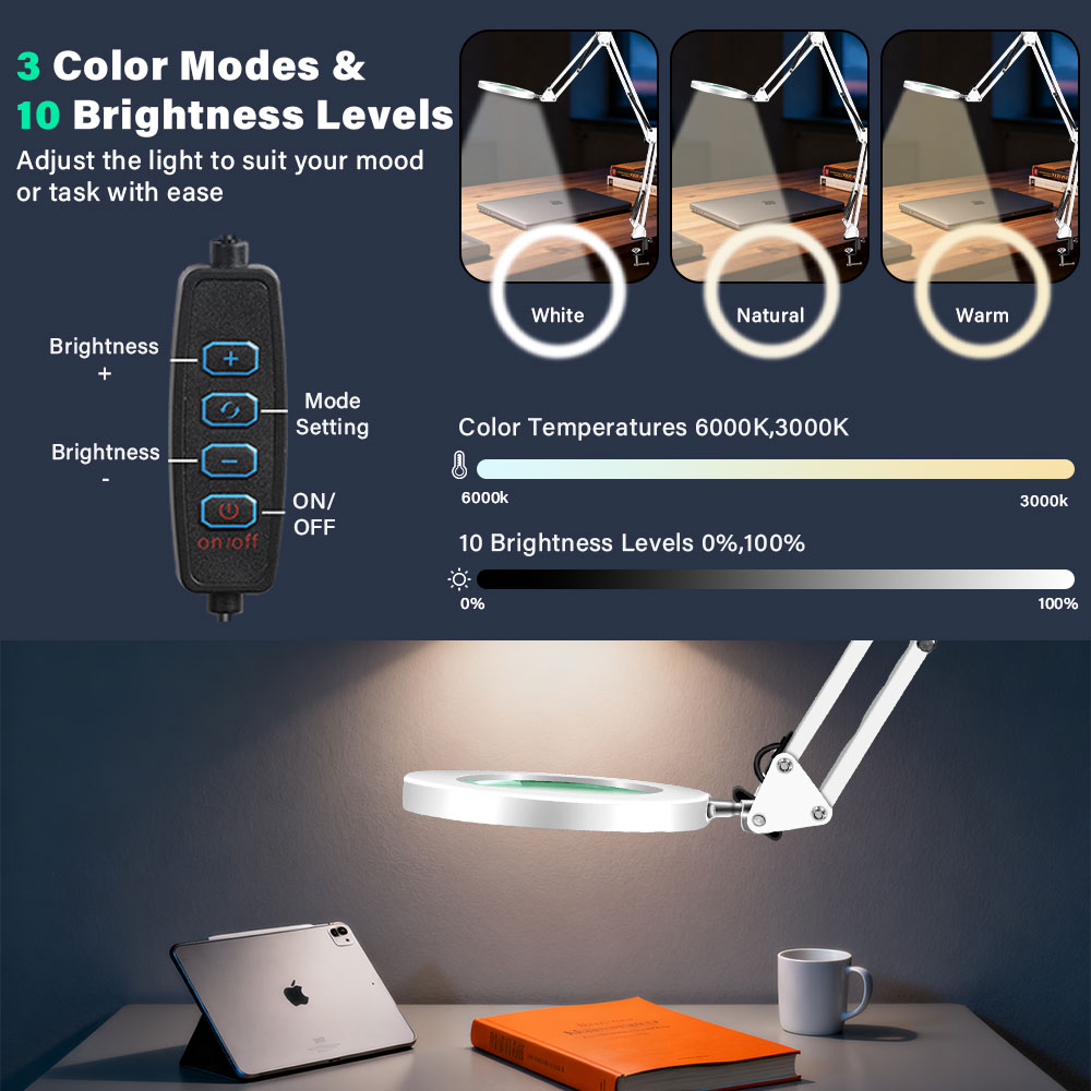 3-Segment Extra-long swing Magnifying Glass Lamp with 3 Color Adjust ...