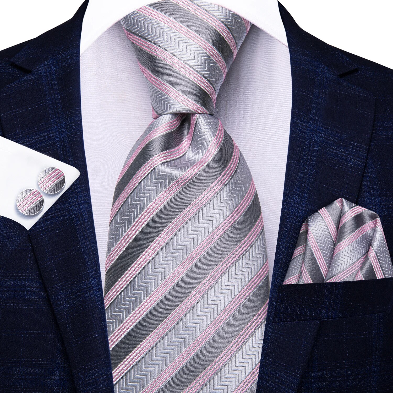 Hi-Tie Silver Fashion Men's Silk Elegant Tie Set Jacquard Woven Gray ...