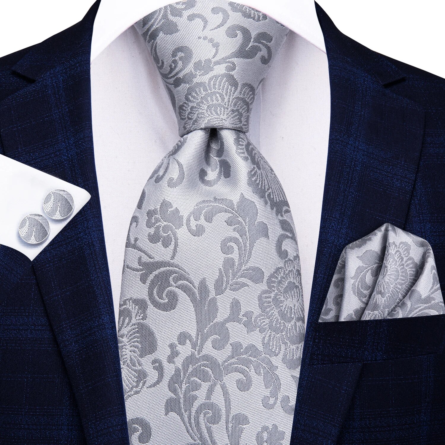 Hi-Tie Silver Fashion Men's Silk Elegant Tie Set Jacquard Woven Gray ...